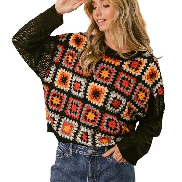 BiBi | Sweaters | Bibi Boutique Patchwork Crochet Sweater Boho Granny ...